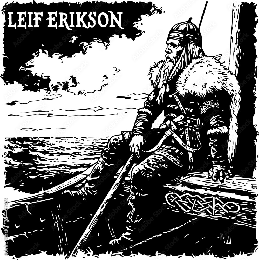 Leif Erikson aboard his Norse ship, symbolizing exploration and ...