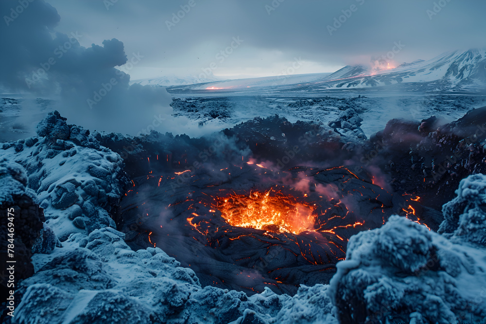 A volcano with a large hole in the ground and smoke coming out of it ...