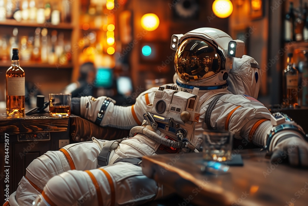 An astronaut in full gear is sitting in a bar with a glass of whiskey Stock Photo | Adobe Stock