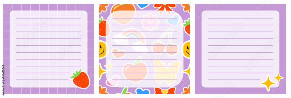 Templates for paper notes. Groovy cards for notes in purple colors ...