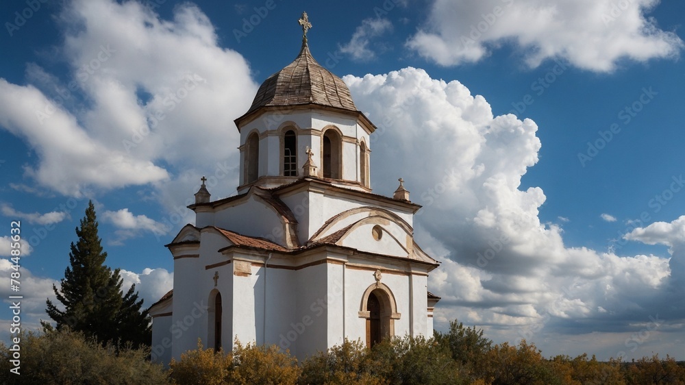 White chapel with brown accents stands majestically against backdrop of ...