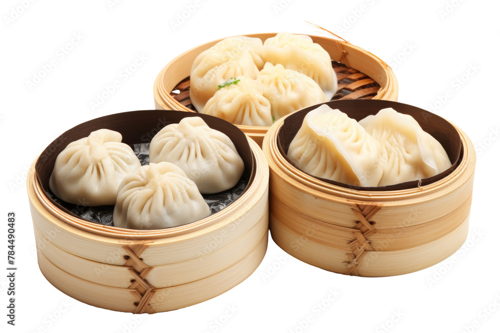 Various types of dim sum, har gow, dumplings, steamed buns in wooden ...