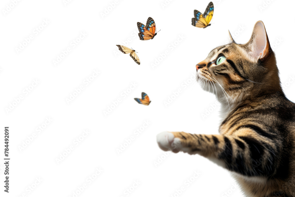 Tri-colored cat chasing a butterfly . isolated on a transparent ...