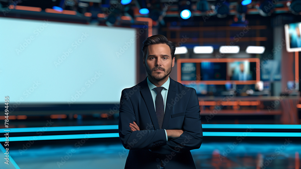 Professional male tv moderator stands in a modern television studio ...