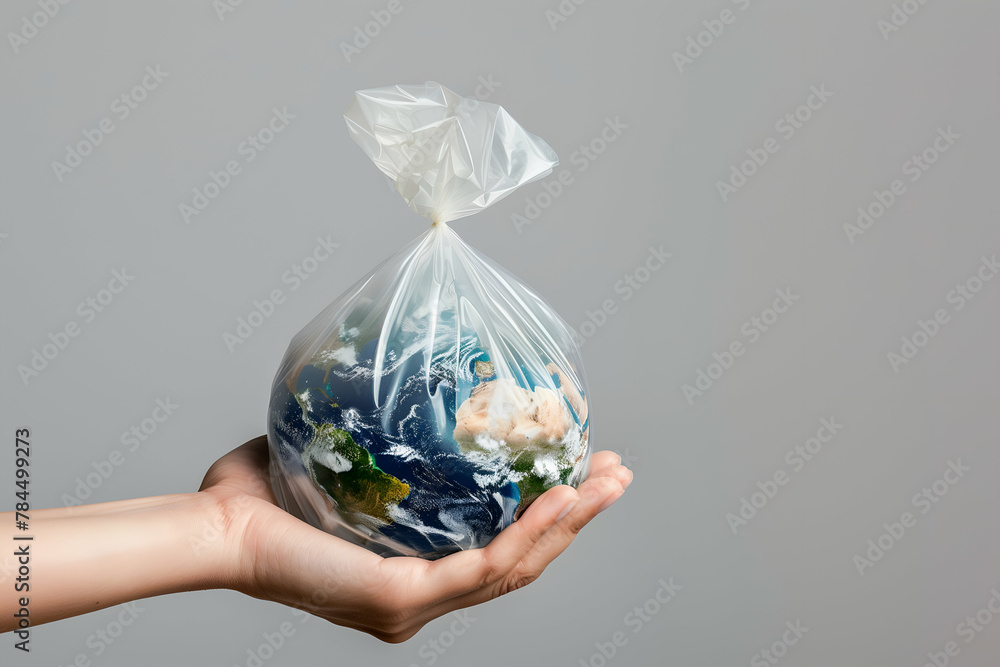 Plastic pollution, hand holding planet earth inside plastic bag ...