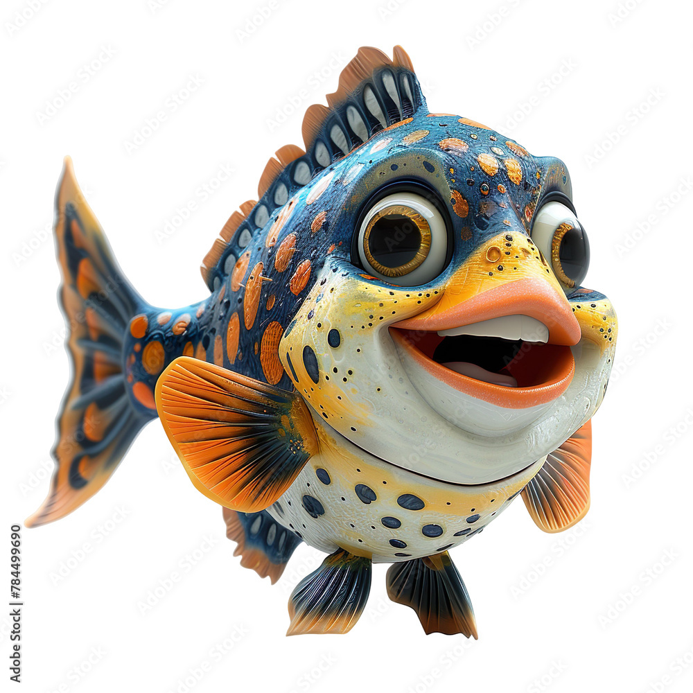 Angled view of a smiling 3D cartoon illustration of swimming majestic ...