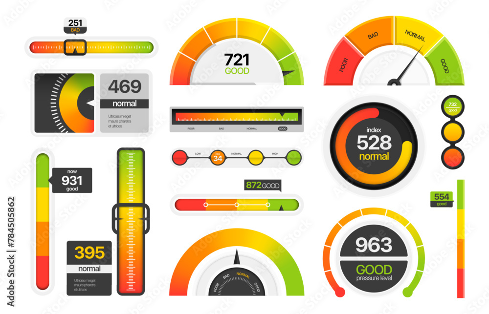 Gauges measuring scale. Tachometer dial speedometer bar graph, progress bar and score level ...