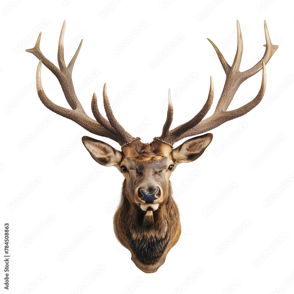 Extreme front view of realistic elk head which is mounted on a wall ...