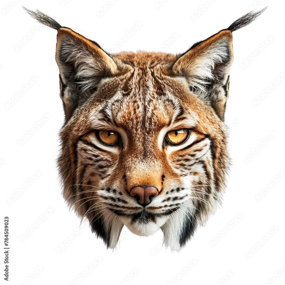 Extreme front view of realistic lynx head which is mounted on a wall ...