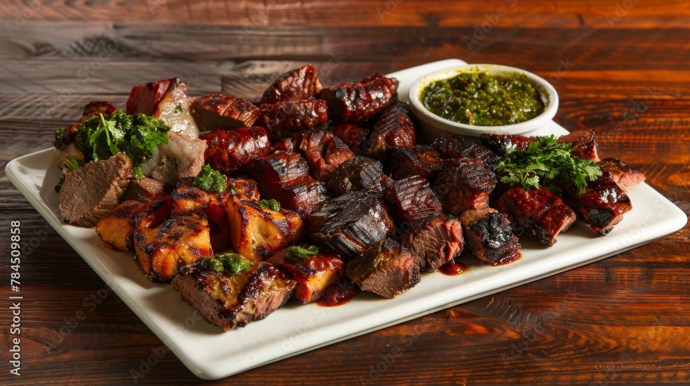 Hearty platter of argentinian asado with various grilled meats and ...