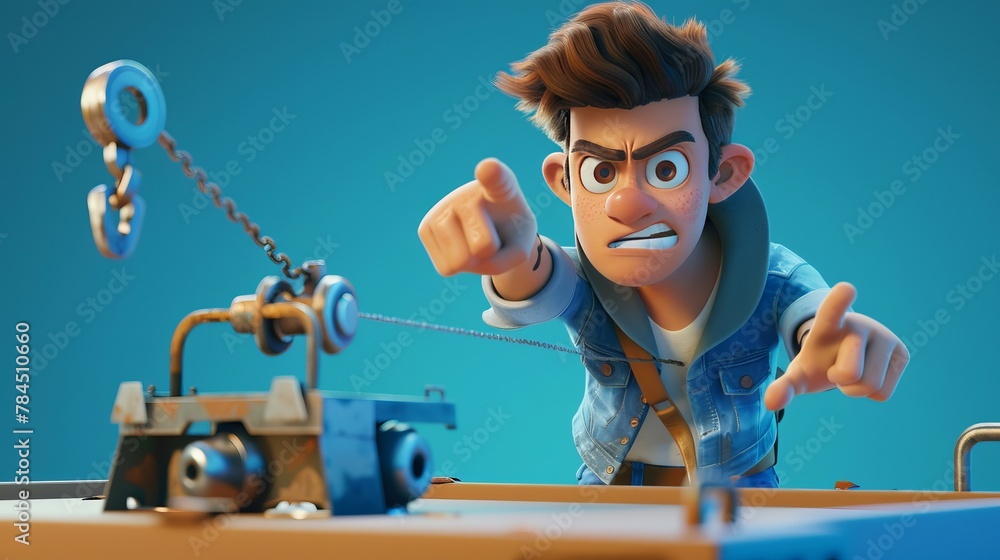 A cartoon character points at an empty metallic trap on a blue ...