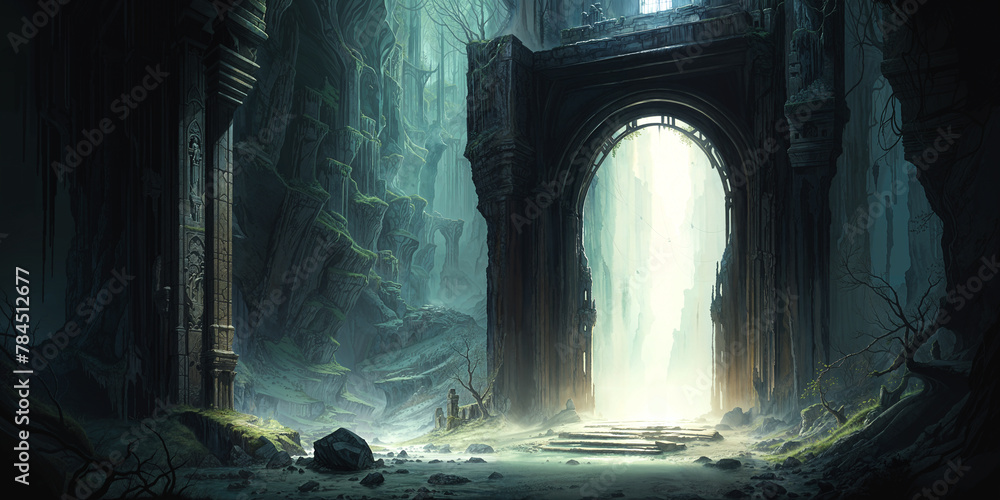 Misty mountain cave chamber with mysterious underground entrance, large ...