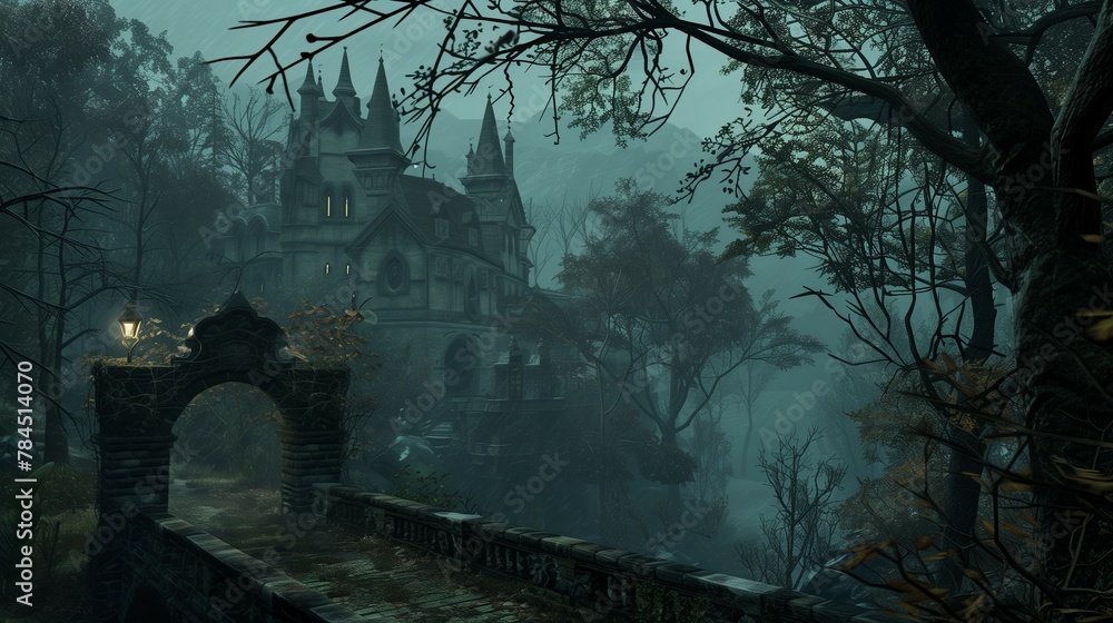 Fantasy scene of dark evil castle and palace courtyard with shining ...