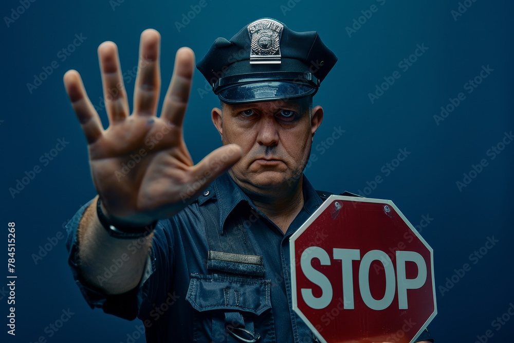 A police officer is holding a stop sign and giving a hand signal to ...