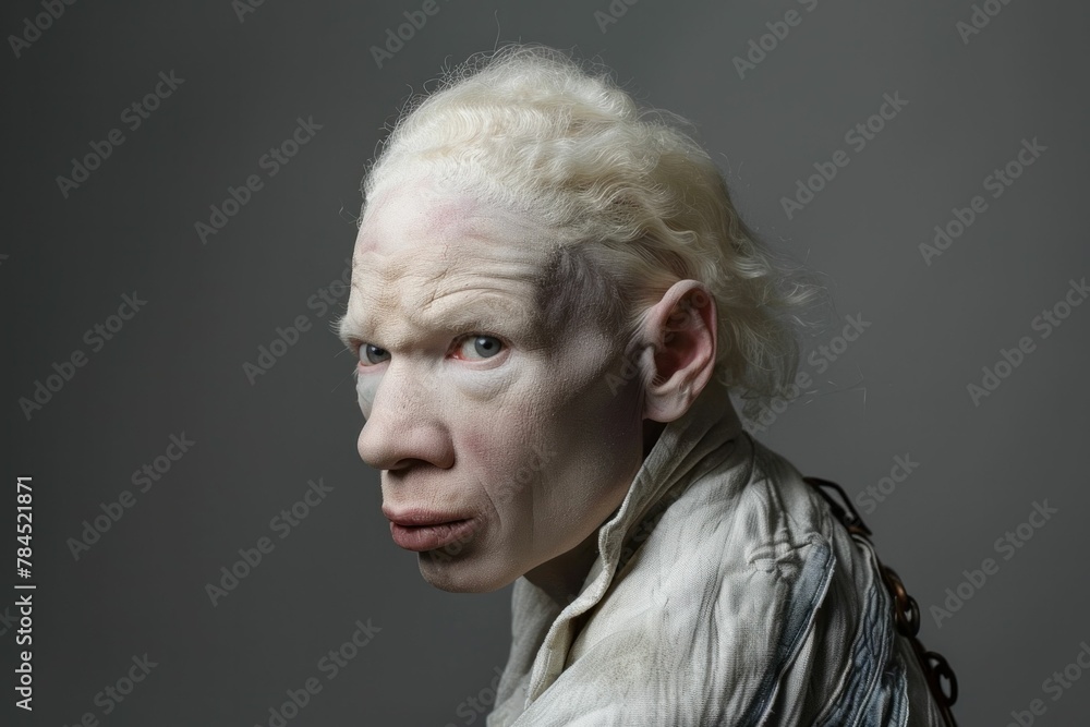 Portrait of albino man with white hair and chain around neck looking at ...