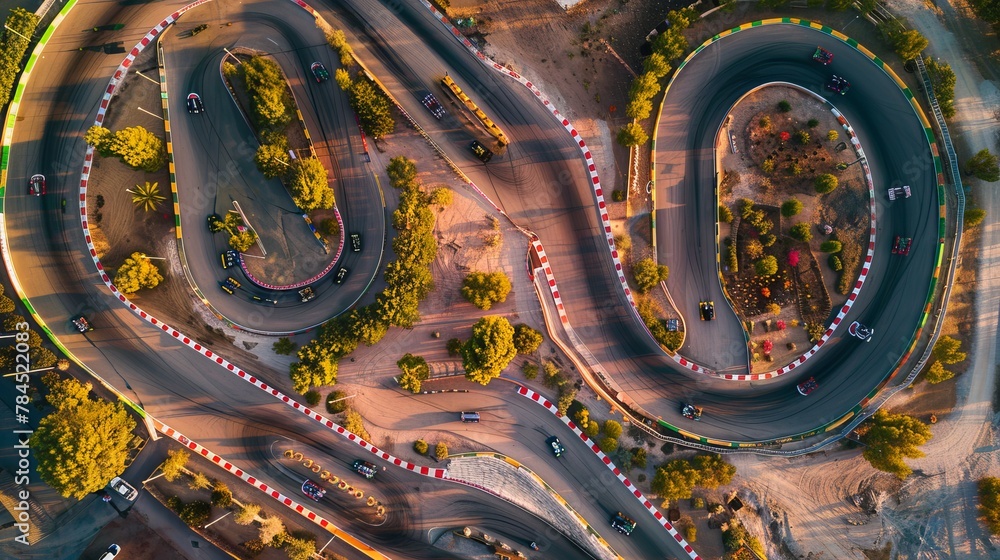 An aerial top view captures a race kart track, illustrating the track ...