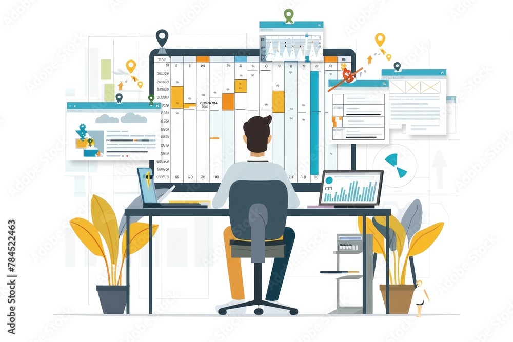 Illustration of a project manager working on task updates, milestones ...