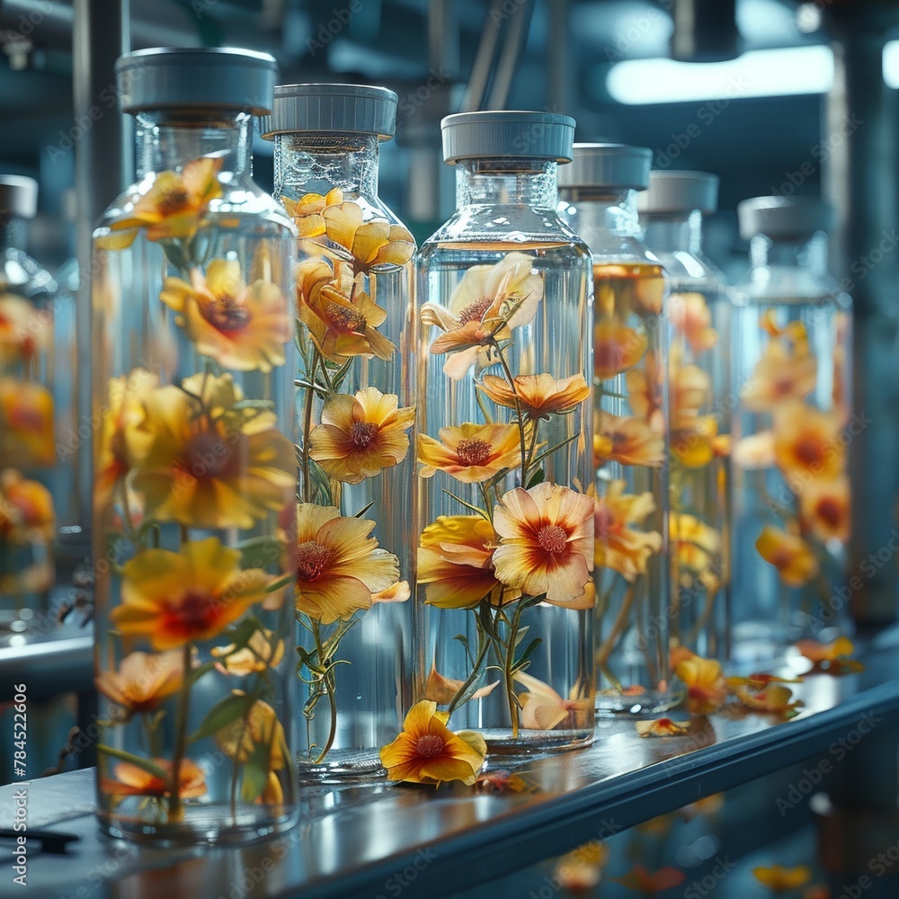 Genetic engineering lab, creating hybrid creatures, blending flora and ...