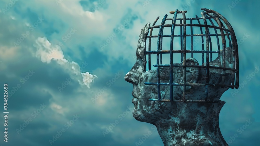 An image of a head with a mental trap shaped as a closed cage ...