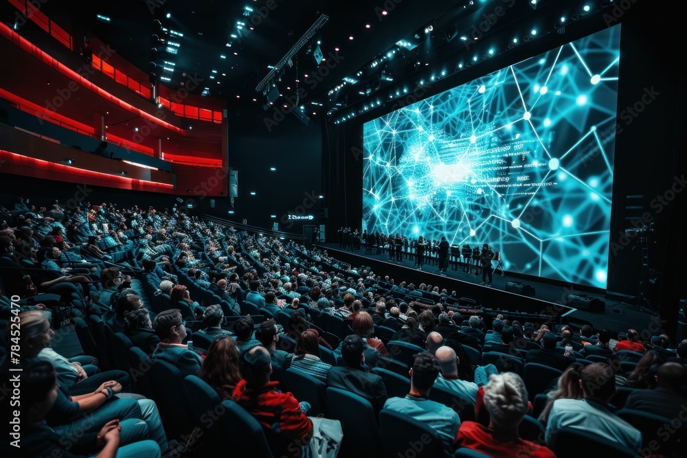 Crowded auditorium watching a presentation on a large screen in front ...