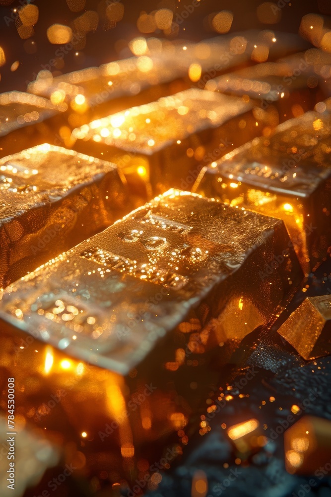 Construct a vibrant, minimal scene of gold bars being cast in a cute ...