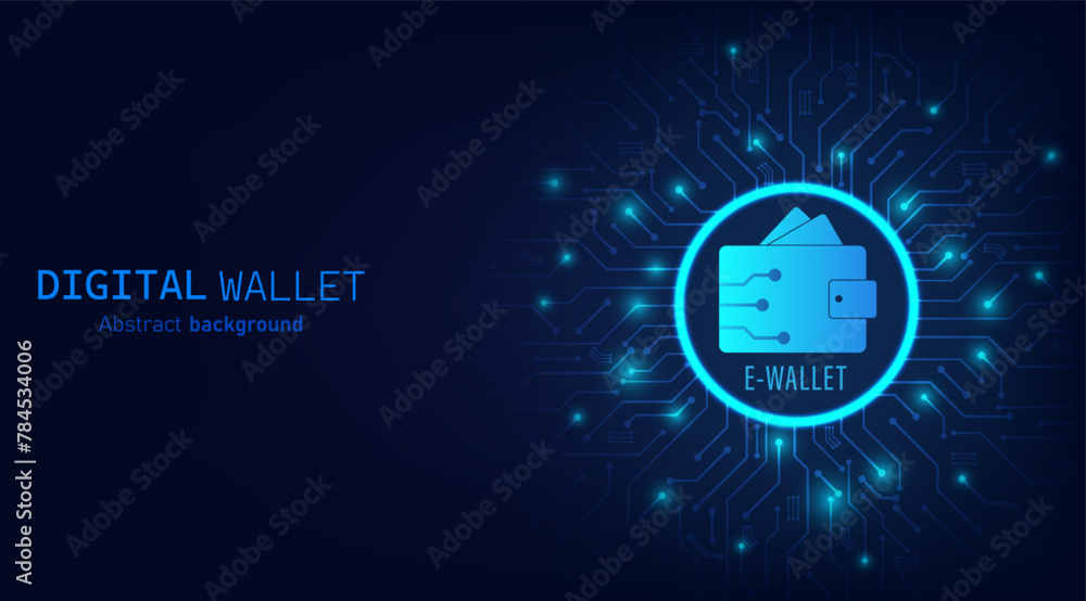 Digital wallet on dark blue circuit background. Digital wallet ...