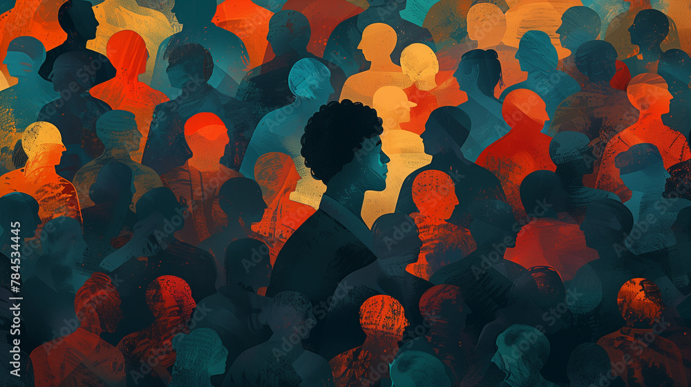 silhouette of a crowd of the same people, among which there is one ...