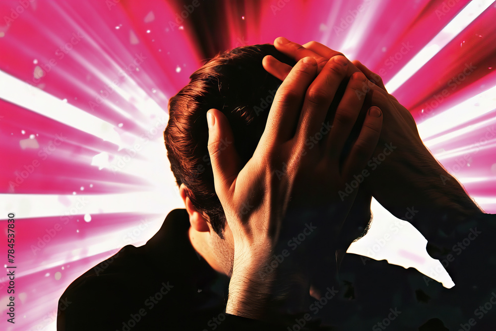 Magenta Meltdown: Hands clutching at the head in distress, eyes closed ...