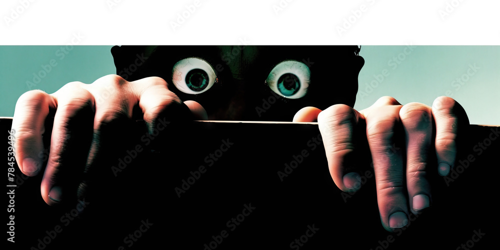 Cubicle Horror: Hands gripping the edge of a desk, eyes wide with ...