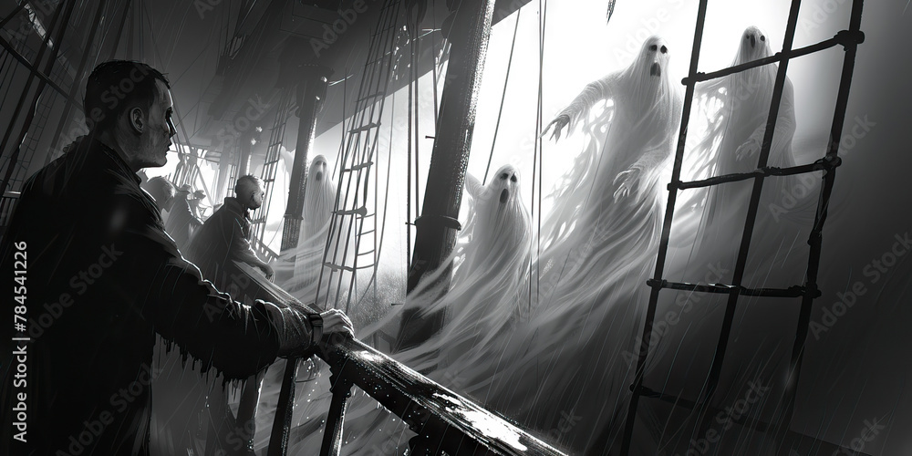Ghost Ship Gloom: Hands gripping the railing, eyes searching for ...