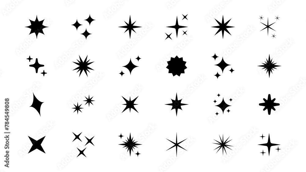 Set of original star sparkle shapes. Abstract shine effect vector sign. Retro futuristic bright ...