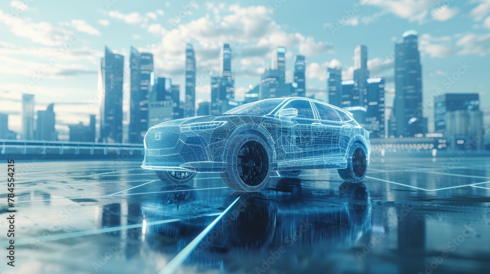 Wireframe car concept on the road with a futuristic city in the ...