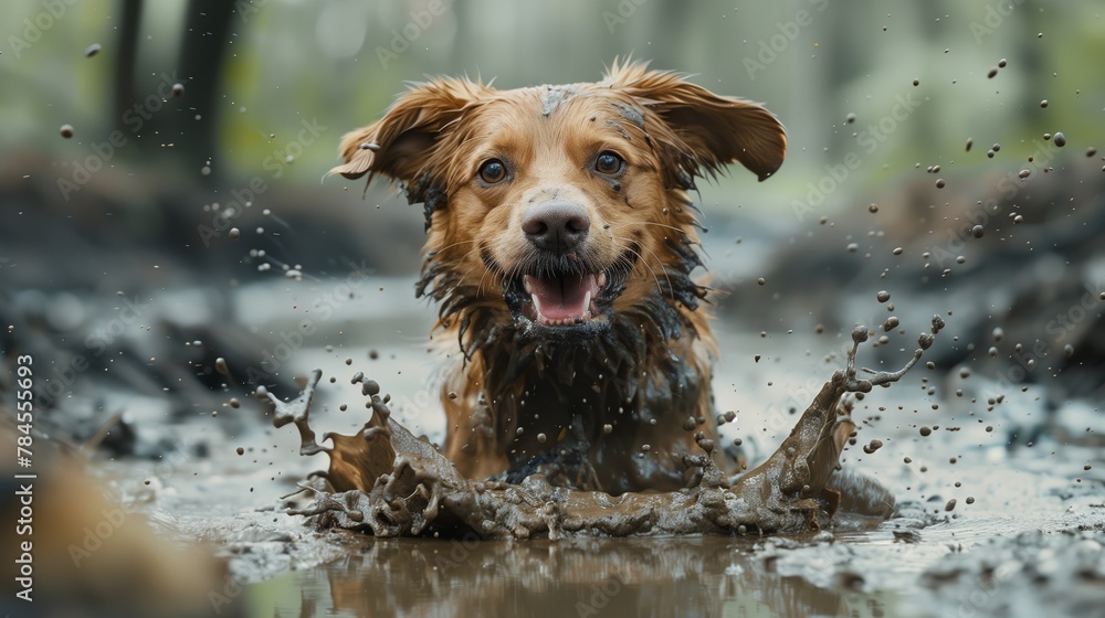 a dog playing in the mud he is fully covered in mud and super happy ...