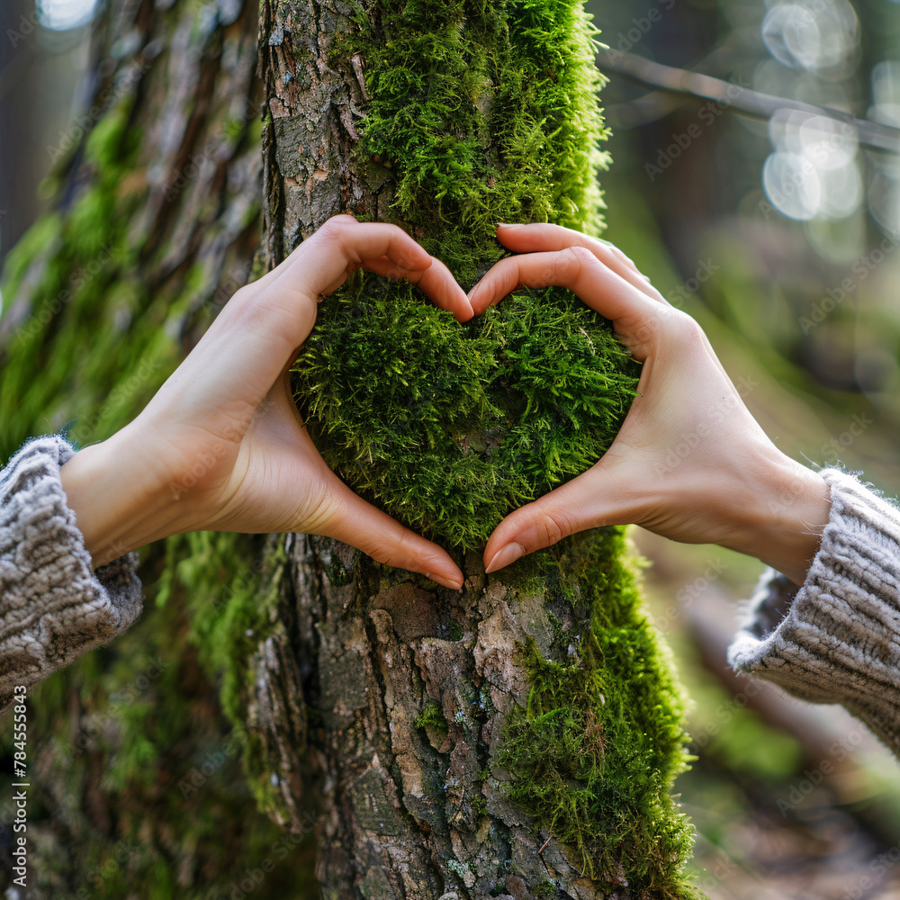 Eco-friendly gesture of a heart-shaped hand on mossy tree bark. Essence ...