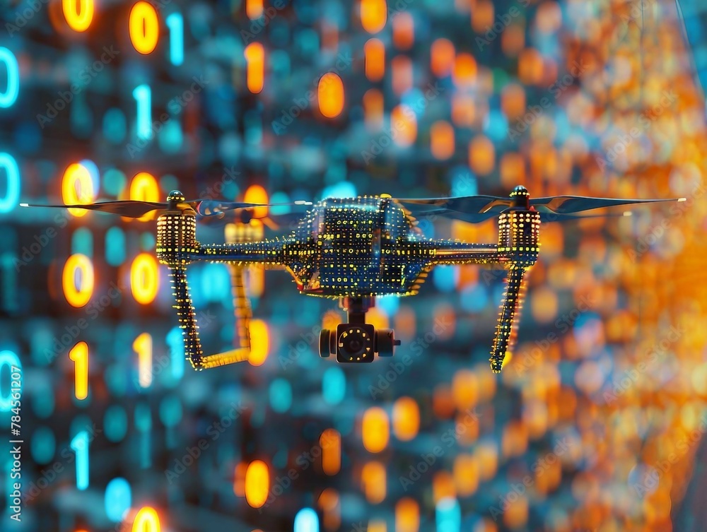 smart digital yellow drone with camera , binary code ai in aerial ...