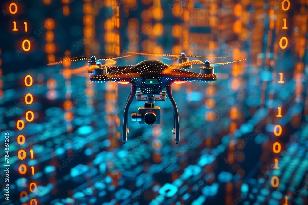 smart digital yellow drone with camera , binary code ai in aerial ...