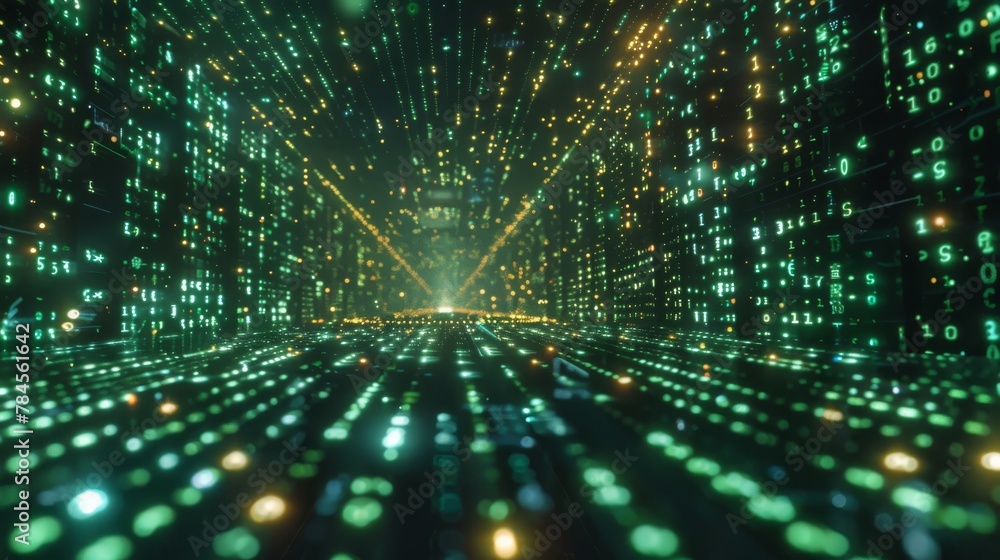 This 3D rendering represents a scientific data binary code network ...