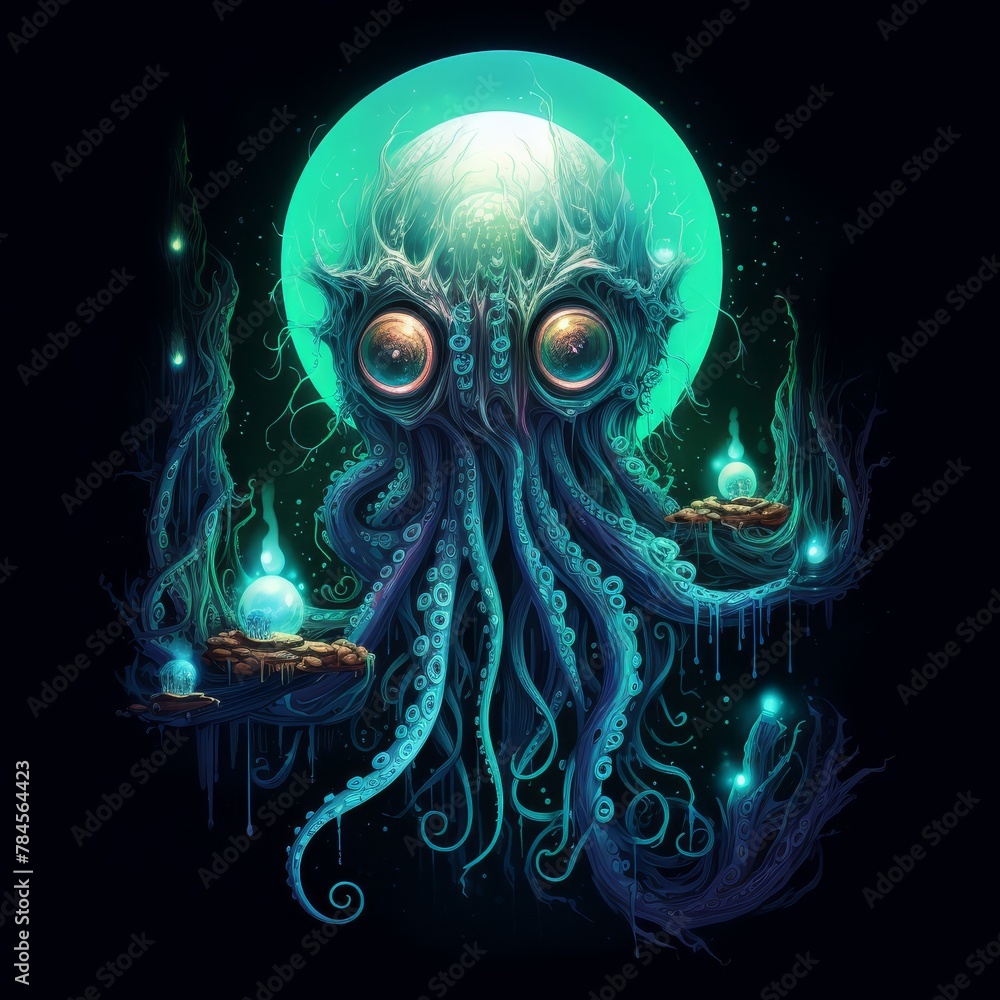 An octopus with glowing eyes and a glowing orb in front of it. The ...