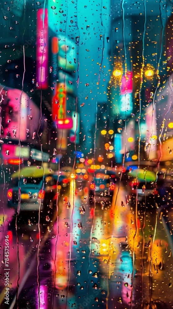 Raindrops racing on a window, blurring neon city lights, capturing a ...