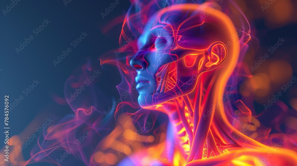 An illustration of a human head and neck with a glowing blue brain and ...