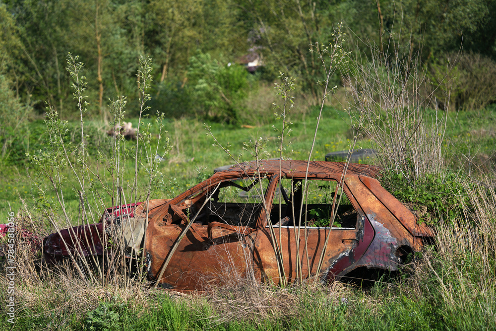 Rusty and broken red abandoned car in the outdoors. Old abandoned rusty car without wheels on ...