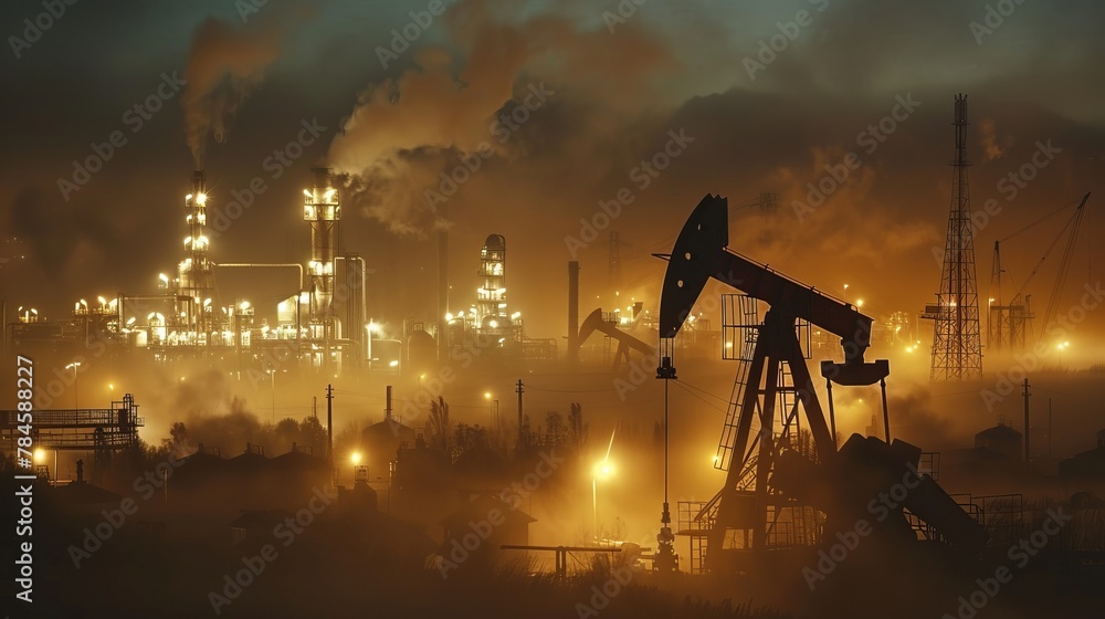 An oil pump and refinery illuminated at night with fog, creating a ...