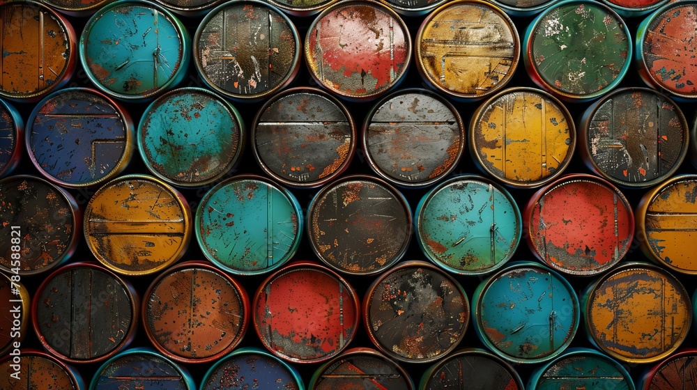 Oil barrels or chemical drums stacked up, indicating hazardous waste ...