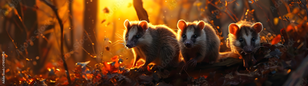 Opossum family in the forest with setting sun shining. Group of wild ...