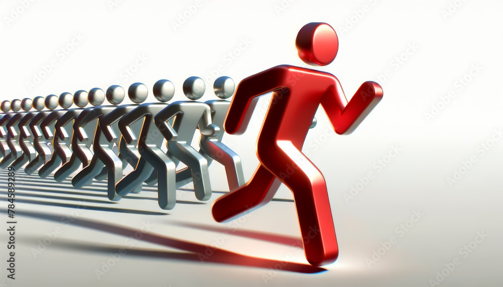 red running man icon leads a group of metallic silver runners in a ...