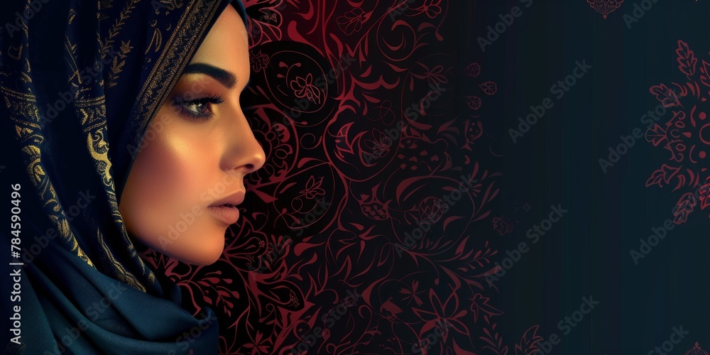 beautiful arabic person on a dark red background with arabic pattern ...