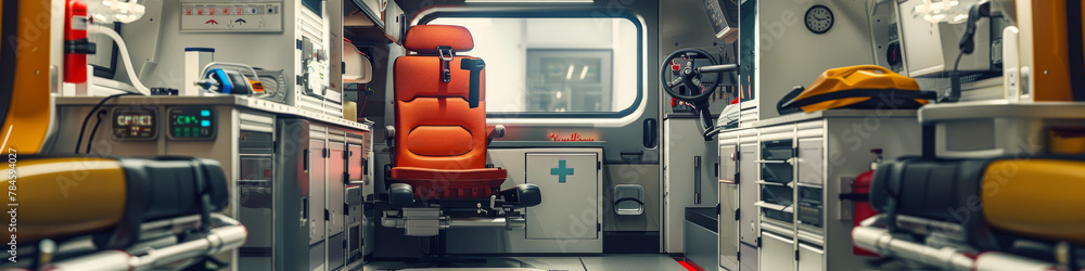 A neat ambulance interior with advanced life support systems, against a ...