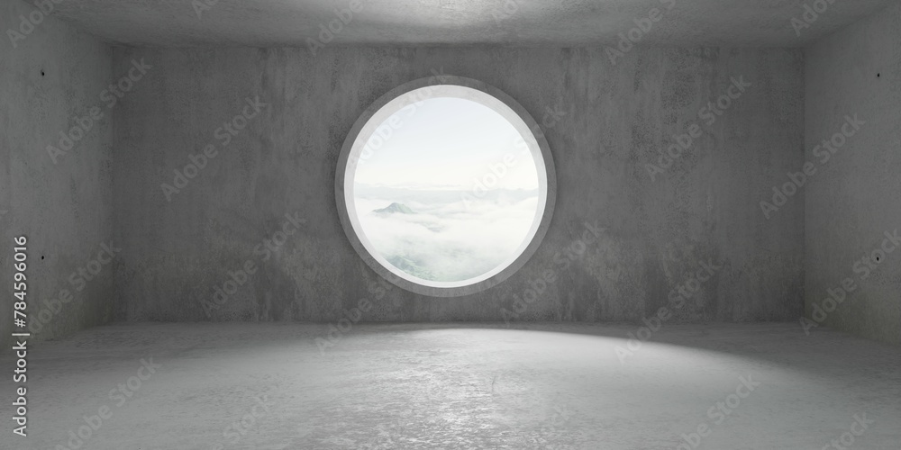 Abstract empty, modern concrete room with round window opening in the back wall and cloudy ...