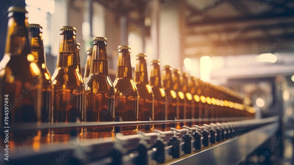 Beer production plant. Brewery conveyor with glass bottles of beer and ...