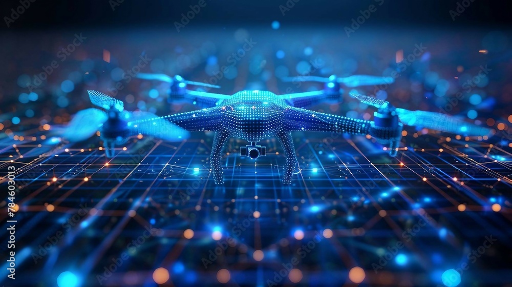 smart blue digital hologram drone with camera , ai in aerial ...